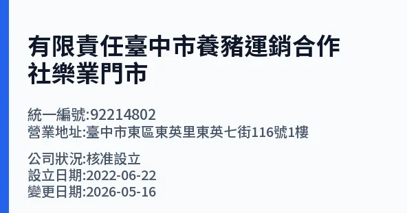 有限責任臺中市養豬運銷合作社樂業門市的照片-統編 92214802(臺中市) 公司登記資料與營業項目詳細圖表