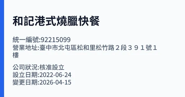 和記港式燒臘快餐的照片-統編 92215099(臺中市) 公司登記資料與營業項目詳細圖表