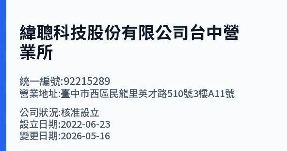緯聰科技股份有限公司台中營業所的照片-統編 92215289(臺中市) 公司登記資料與營業項目詳細圖表