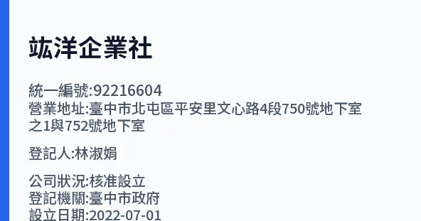 竑洋企業社的照片-統編 92216604(臺中市) 公司登記資料與營業項目詳細圖表