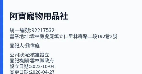 阿寶寵物用品社的照片-統編 92217532(雲林縣) 公司登記資料與營業項目詳細圖表