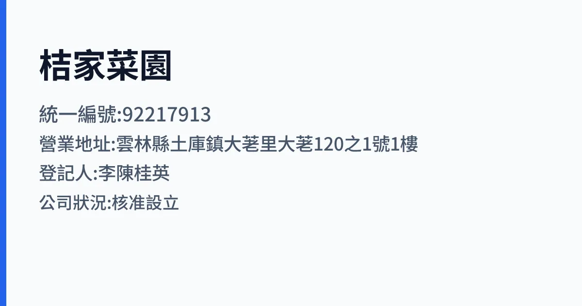 桔家菜園 - 統編 92217913(雲林縣) 公司登記資料與營業項目詳細圖表