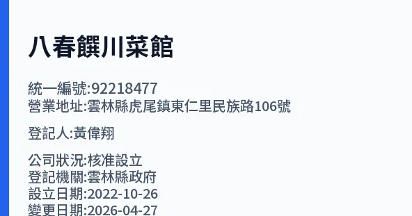 八春饌川菜館的照片-統編 92218477(雲林縣) 公司登記資料與營業項目詳細圖表
