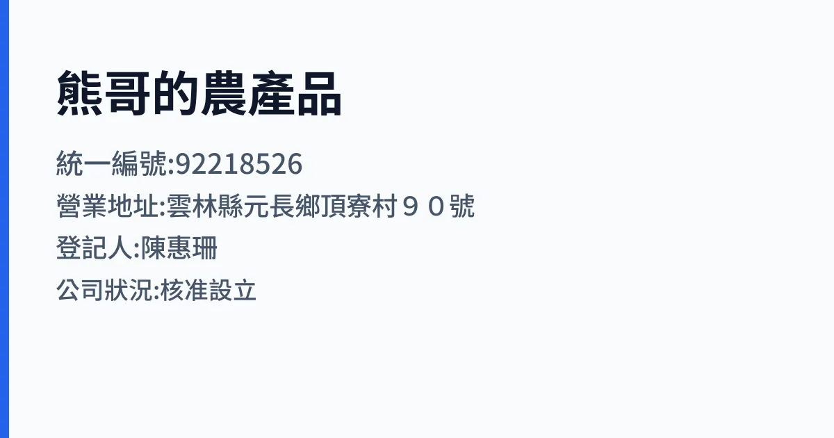 熊哥的農產品 - 統編 92218526(雲林縣) 公司登記資料與營業項目詳細圖表