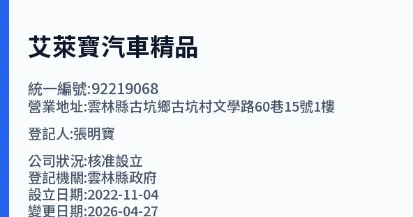 艾萊寶汽車精品的照片-統編 92219068(雲林縣) 公司登記資料與營業項目詳細圖表