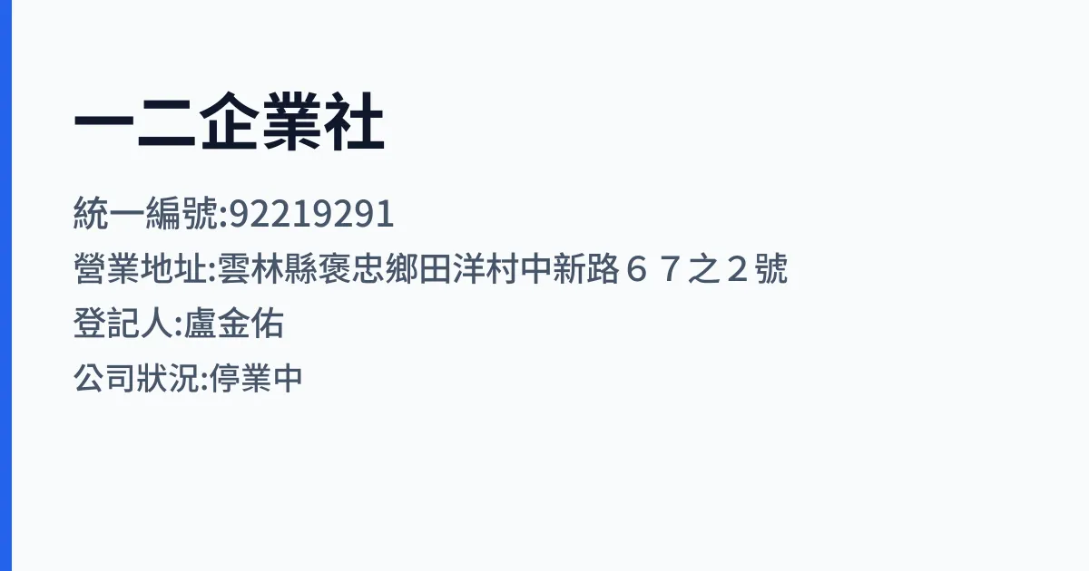 一二企業社 - 統編 92219291(雲林縣) 公司登記資料與營業項目詳細圖表