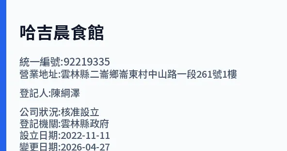 哈吉晨食館的照片-統編 92219335(雲林縣) 公司登記資料與營業項目詳細圖表