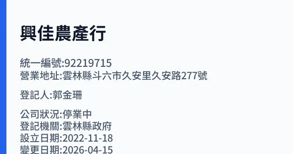 興佳農產行的照片-統編 92219715(雲林縣) 公司登記資料與營業項目詳細圖表