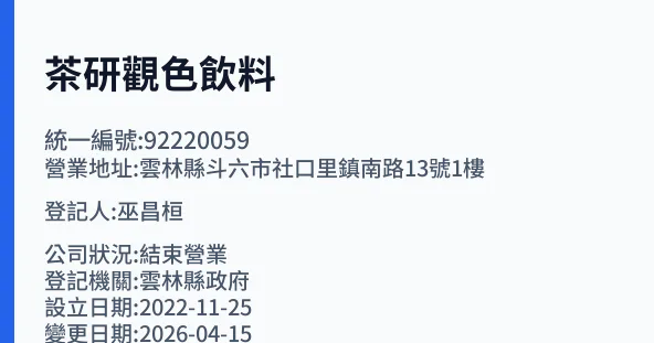 茶研觀色飲料的照片-統編 92220059(雲林縣) 公司登記資料與營業項目詳細圖表