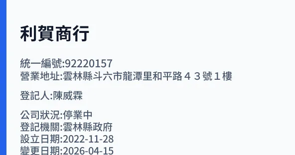 利賀商行的照片-統編 92220157(雲林縣) 公司登記資料與營業項目詳細圖表