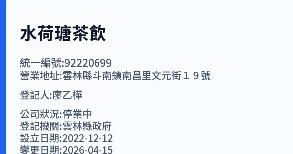 水荷瑭茶飲的照片-統編 92220699(雲林縣) 公司登記資料與營業項目詳細圖表