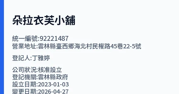 朵拉衣芙小舖的照片-統編 92221487(雲林縣) 公司登記資料與營業項目詳細圖表