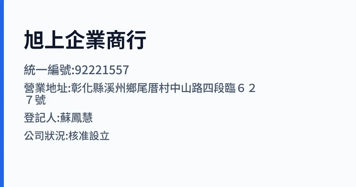 旭上企業商行 - 統編 92221557(彰化縣) 公司登記資料與營業項目詳細圖表