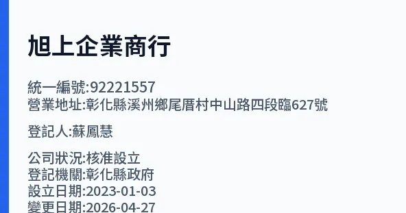 旭上企業商行的照片-統編 92221557(彰化縣) 公司登記資料與營業項目詳細圖表