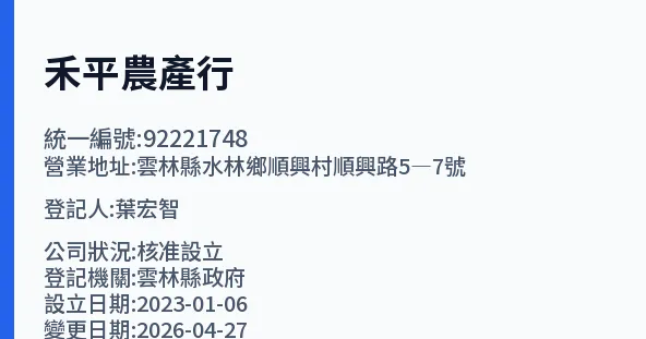禾平農產行的照片-統編 92221748(雲林縣) 公司登記資料與營業項目詳細圖表
