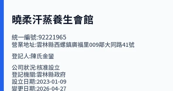 曉柔汗蒸養生會館的照片-統編 92221965(雲林縣) 公司登記資料與營業項目詳細圖表