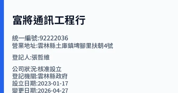 富將通訊工程行的照片-統編 92222036(雲林縣) 公司登記資料與營業項目詳細圖表