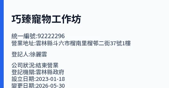 巧臻寵物工作坊的照片-統編 92222296(雲林縣) 公司登記資料與營業項目詳細圖表
