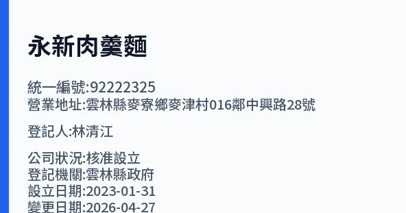 永新肉羹麵的照片-統編 92222325(雲林縣) 公司登記資料與營業項目詳細圖表