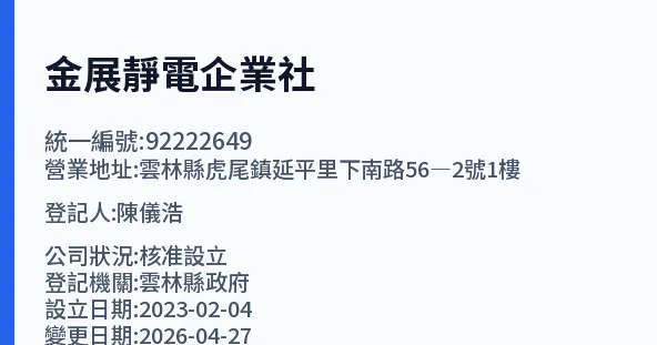 金展靜電企業社的照片-統編 92222649(雲林縣) 公司登記資料與營業項目詳細圖表