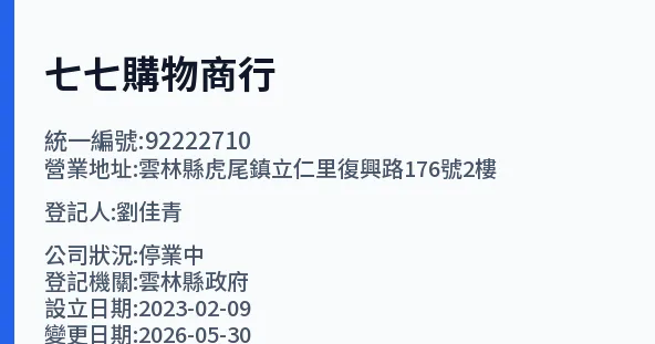 七七購物商行的照片-統編 92222710(雲林縣) 公司登記資料與營業項目詳細圖表