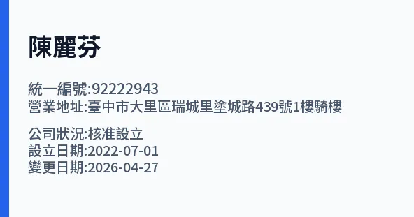 陳麗芬的照片-統編 92222943(臺中市) 公司登記資料與營業項目詳細圖表