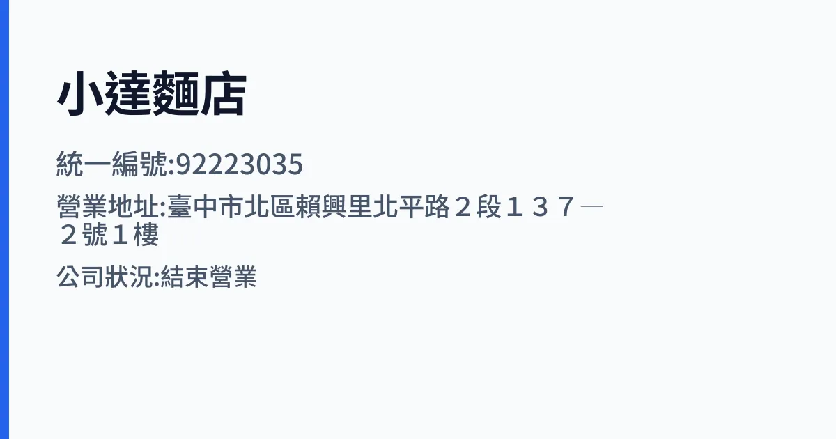 小達麵店 - 統編 92223035(臺中市) 公司登記資料與營業項目詳細圖表