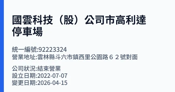 國雲科技（股）公司市高利達停車場的照片-統編 92223324(雲林縣) 公司登記資料與營業項目詳細圖表