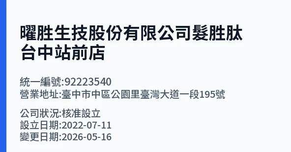 曜胜生技股份有限公司髮胜肽台中站前店的照片-統編 92223540(臺中市) 公司登記資料與營業項目詳細圖表