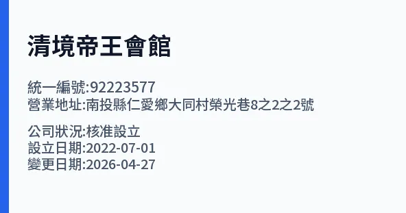 清境帝王會館的照片-統編 92223577(南投縣) 公司登記資料與營業項目詳細圖表