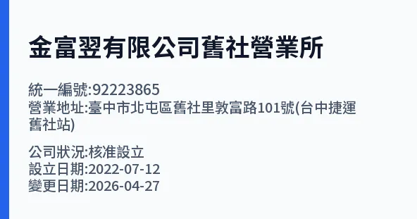 金富翌有限公司舊社營業所的照片-統編 92223865(臺中市) 公司登記資料與營業項目詳細圖表
