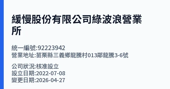緩慢股份有限公司綠波浪營業所的照片-統編 92223942(苗栗縣) 公司登記資料與營業項目詳細圖表
