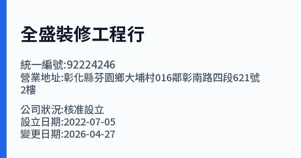 全盛裝修工程行的照片-統編 92224246(彰化縣) 公司登記資料與營業項目詳細圖表