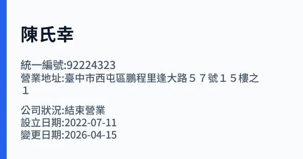陳氏幸的照片-統編 92224323(臺中市) 公司登記資料與營業項目詳細圖表