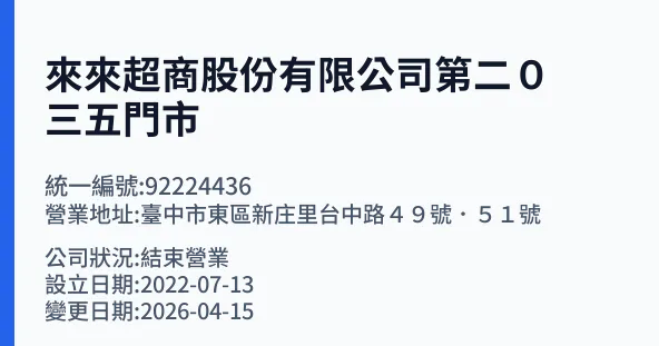 來來超商股份有限公司第二０三五門市的照片-統編 92224436(臺中市) 公司登記資料與營業項目詳細圖表