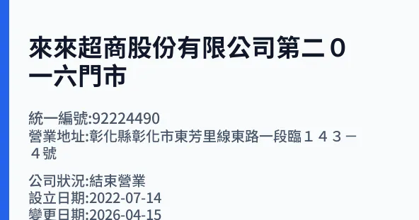 來來超商股份有限公司第二０一六門市的照片-統編 92224490(彰化縣) 公司登記資料與營業項目詳細圖表