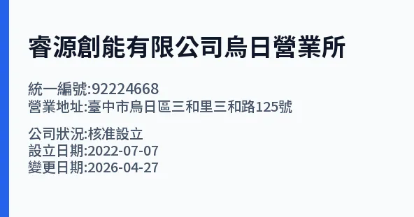 睿源創能有限公司烏日營業所的照片-統編 92224668(臺中市) 公司登記資料與營業項目詳細圖表