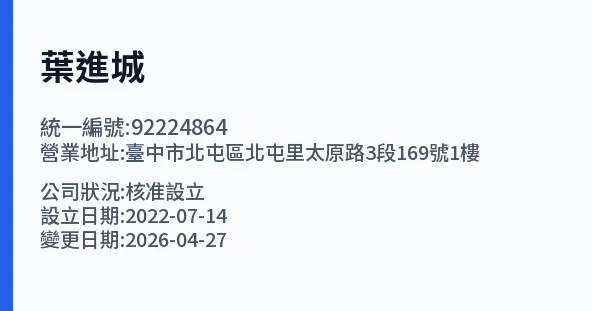 葉進城的照片-統編 92224864(臺中市) 公司登記資料與營業項目詳細圖表