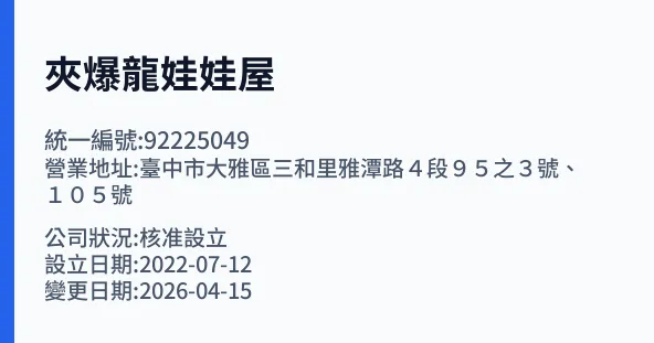 夾爆龍娃娃屋的照片-統編 92225049(臺中市) 公司登記資料與營業項目詳細圖表