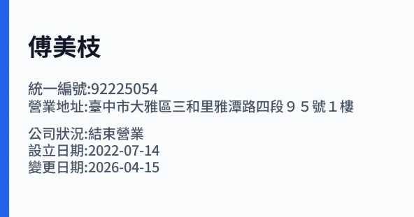 傅美枝的照片-統編 92225054(臺中市) 公司登記資料與營業項目詳細圖表