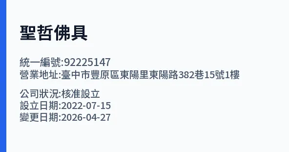 聖哲佛具的照片-統編 92225147(臺中市) 公司登記資料與營業項目詳細圖表