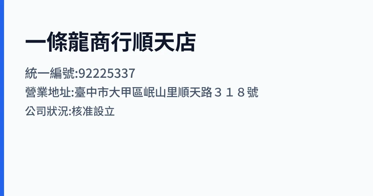 一條龍商行順天店 - 統編 92225337(臺中市) 公司登記資料與營業項目詳細圖表