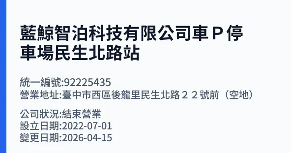 藍鯨智泊科技有限公司車Ｐ停車場民生北路站的照片-統編 92225435(臺中市) 公司登記資料與營業項目詳細圖表