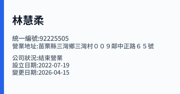 林慧柔的照片-統編 92225505(苗栗縣) 公司登記資料與營業項目詳細圖表