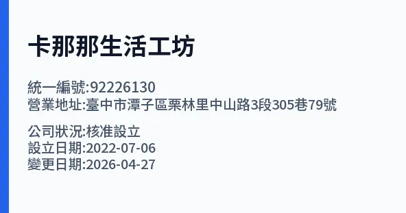 卡那那生活工坊的照片-統編 92226130(臺中市) 公司登記資料與營業項目詳細圖表