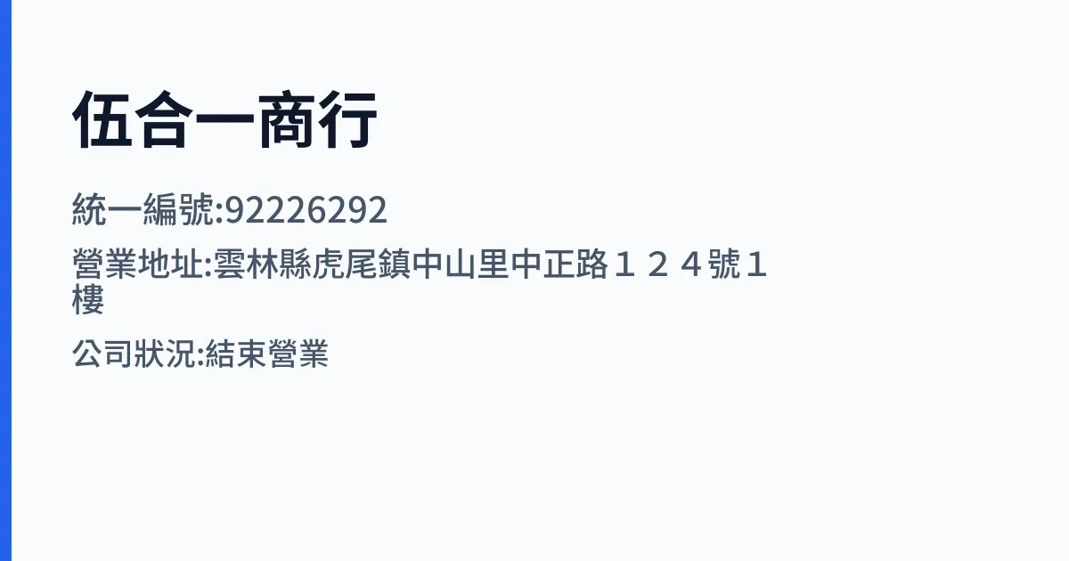 伍合一商行 - 統編 92226292(雲林縣) 公司登記資料與營業項目詳細圖表