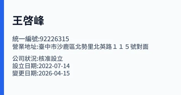 王啓峰的照片-統編 92226315(臺中市) 公司登記資料與營業項目詳細圖表