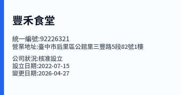 豐禾食堂的照片-統編 92226321(臺中市) 公司登記資料與營業項目詳細圖表
