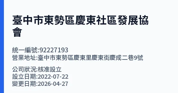 臺中市東勢區慶東社區發展協會的照片-統編 92227193(臺中市) 公司登記資料與營業項目詳細圖表
