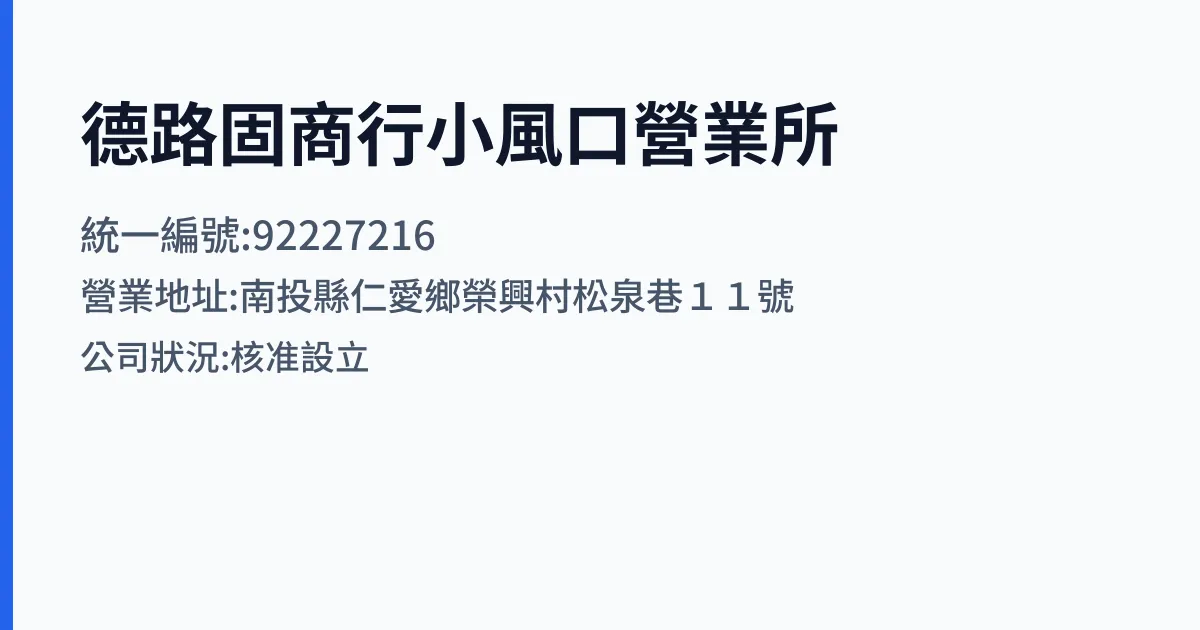 德路固商行小風口營業所 - 統編 92227216(南投縣) 公司登記資料與營業項目詳細圖表